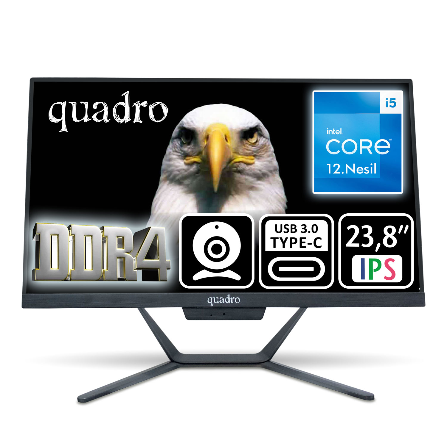 QUADRO STARK A224 25166 i5-12500 16GB 500GB SSD 23.8" Siyah DOS All in ...